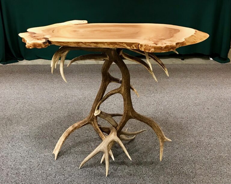 Maple Slab Table Top with Real Elk and Deer Antler Base - Mad River Antler